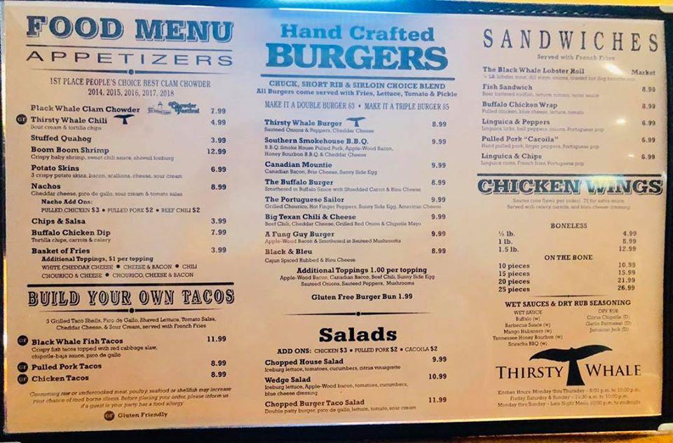 Menu at Thirsty Whale Tavern pub & bar, New Bedford