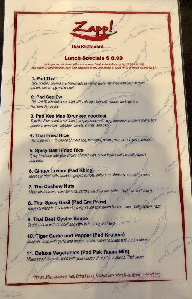 Menu at Zapp Thai Restaurant, Greenfield