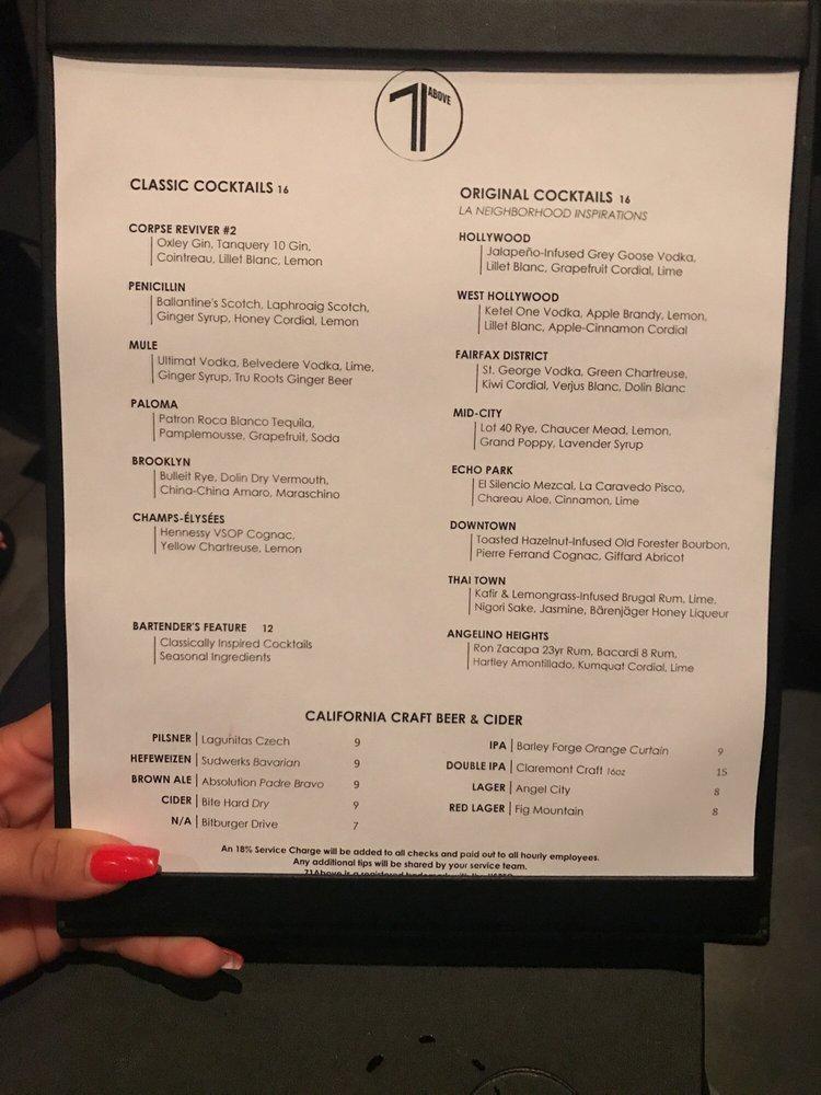 Menu at 71Above pub & bar, Los Angeles