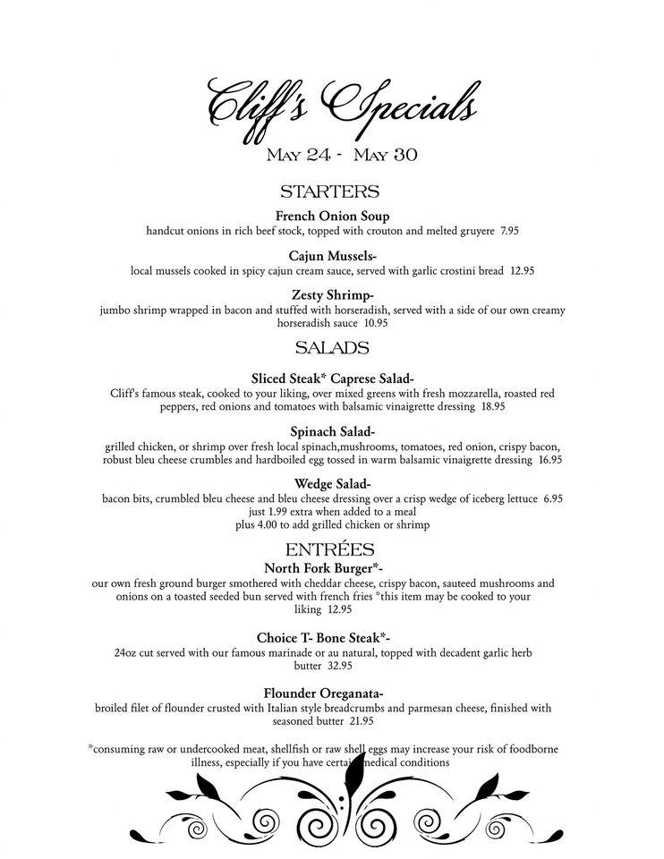 Menu at Cliff's Rendezvous steakhouse, Riverhead