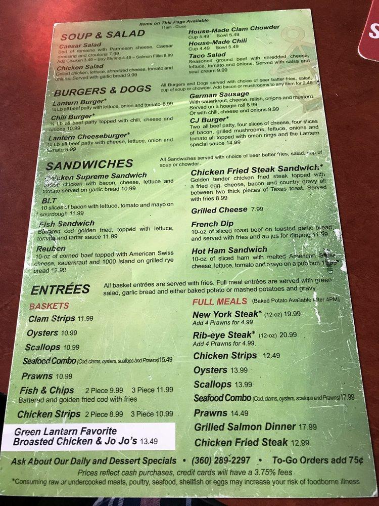Menu at Green Lantern Pub, Copalis Beach