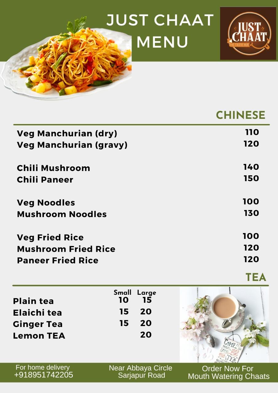Menu at Just Chaat, Bengaluru
