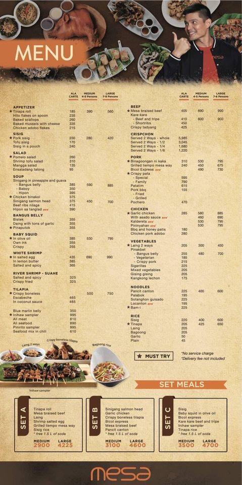 Menu at Mesa restaurant, Legazpi City
