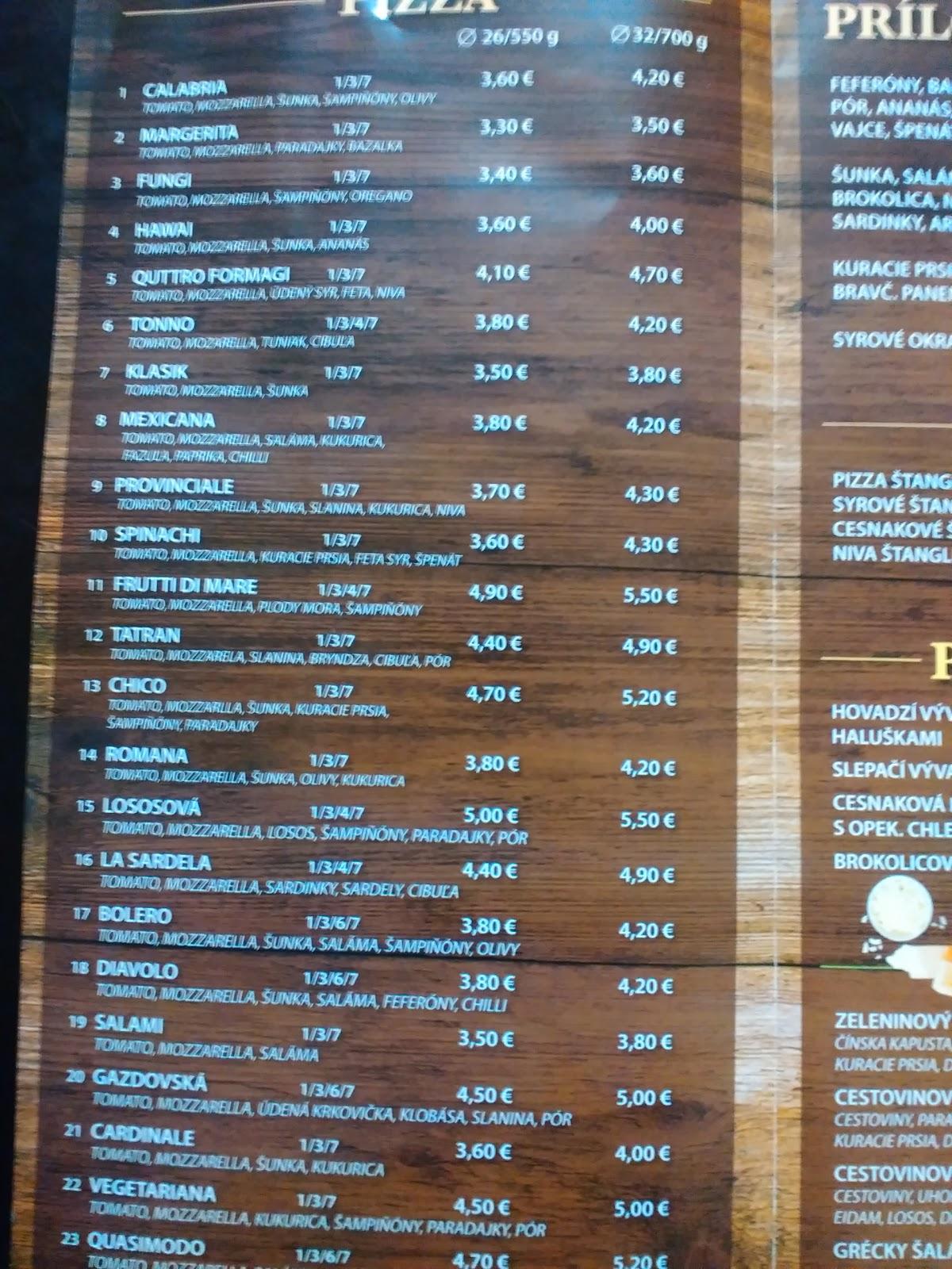 Menu at PIZZERIA CALABRIA, Šuňava