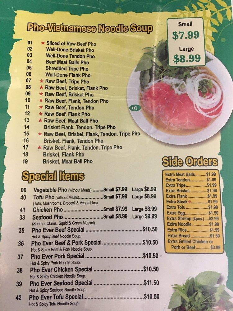 Menu at Pho Ever Vietnamese Cuisine restaurant, Longview