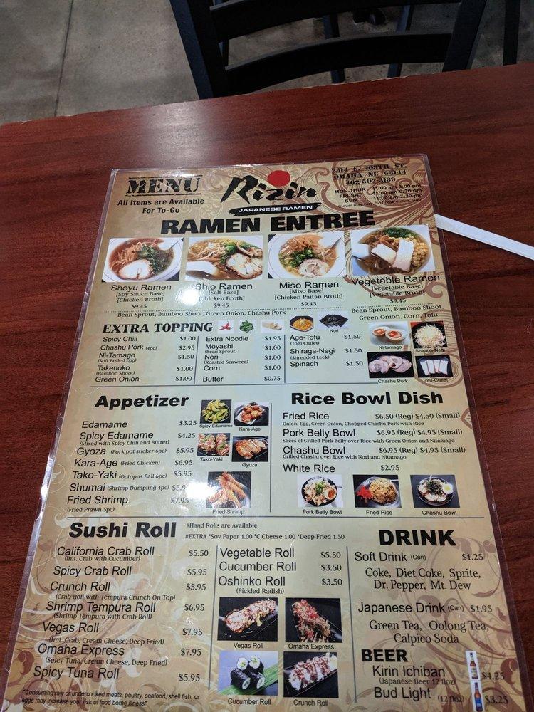 Menu at Rizin Japanese Ramen (来迅 ライジン) restaurant, Omaha