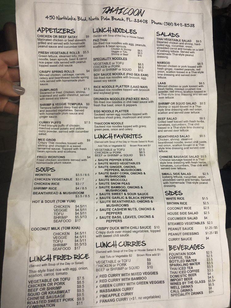 Menu at Thaicoon Restaurant, North Palm Beach
