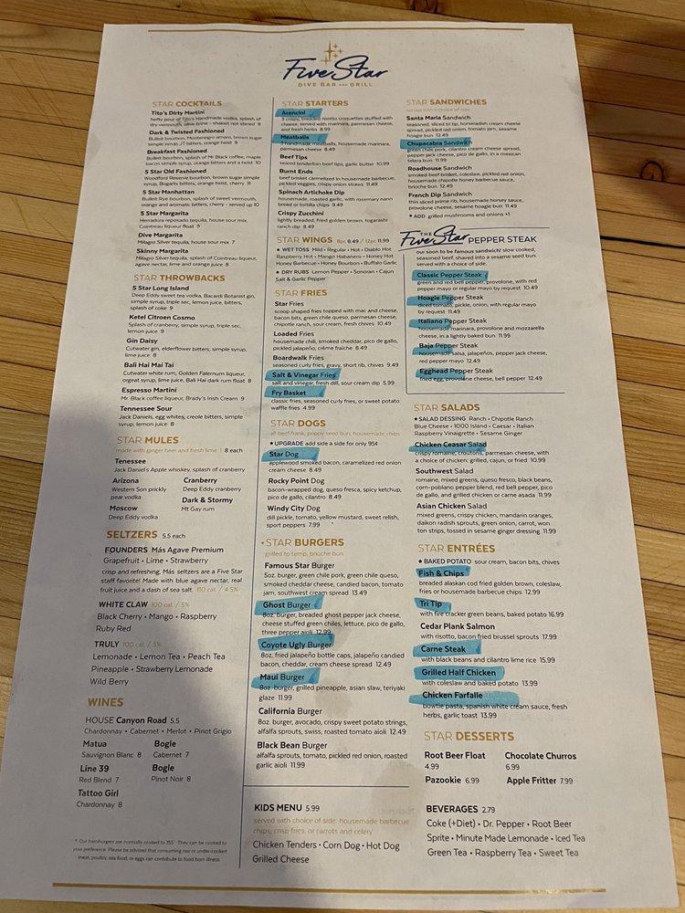 Menu at 5 STAR Dive Bar & Grill, Tempe
