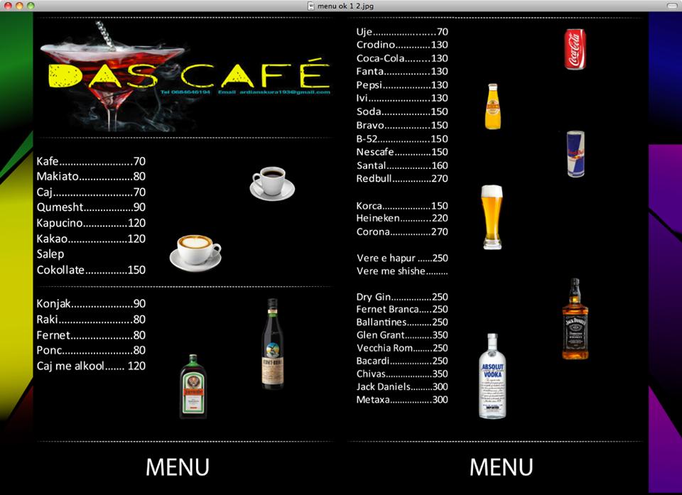 Menu at DAS cafe, Tirana, rruga e elbasanit perballe disco calvin