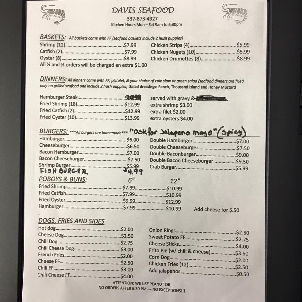 Menu at Davis Seafood restaurant, USA, 515 Boscoe Hwy