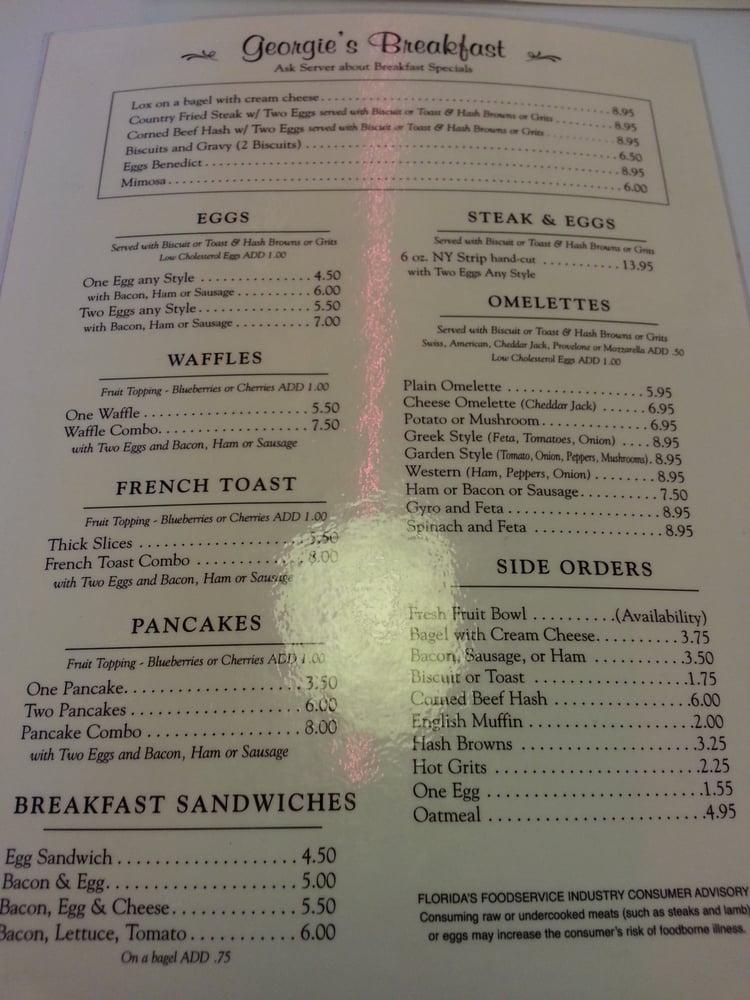 Menu at Georgie's Diner restaurant, St. Augustine