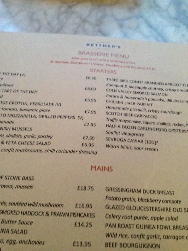 Menu at Kettner's restaurant, London