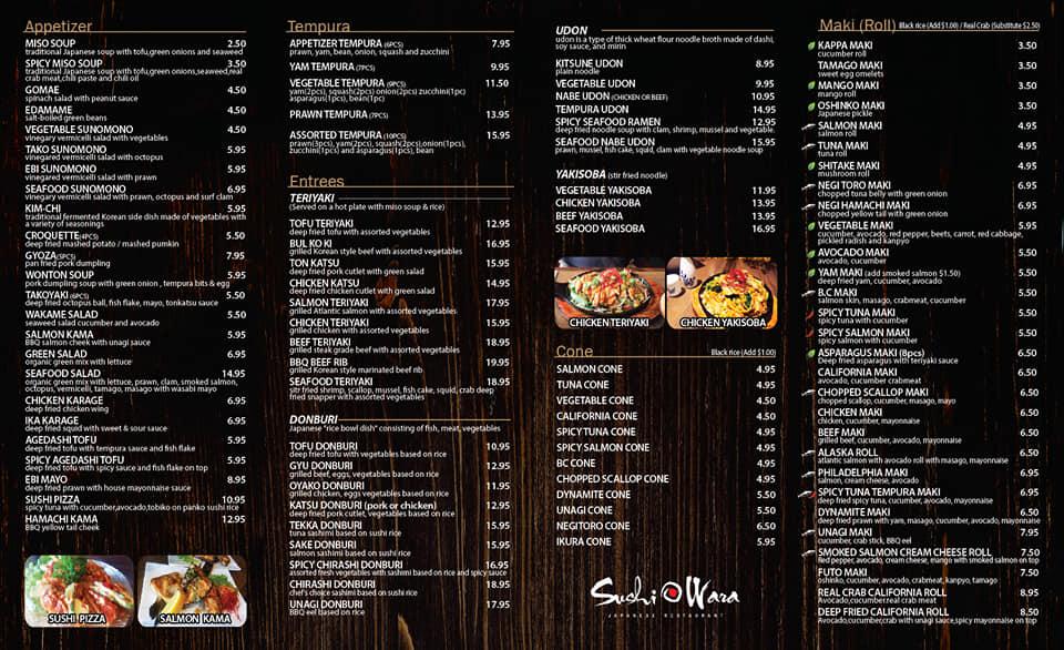 Menu at Sushi Wara restaurant, Comox
