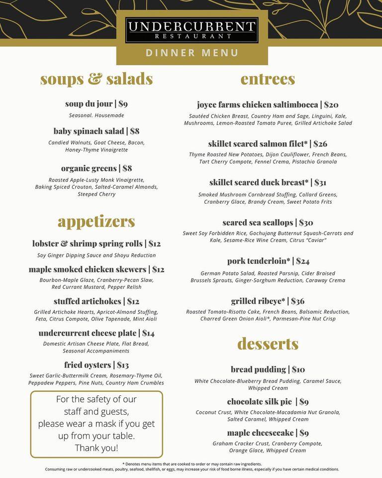 Menu at Undercurrent Restaurant, Greensboro, 327 Battleground Ave