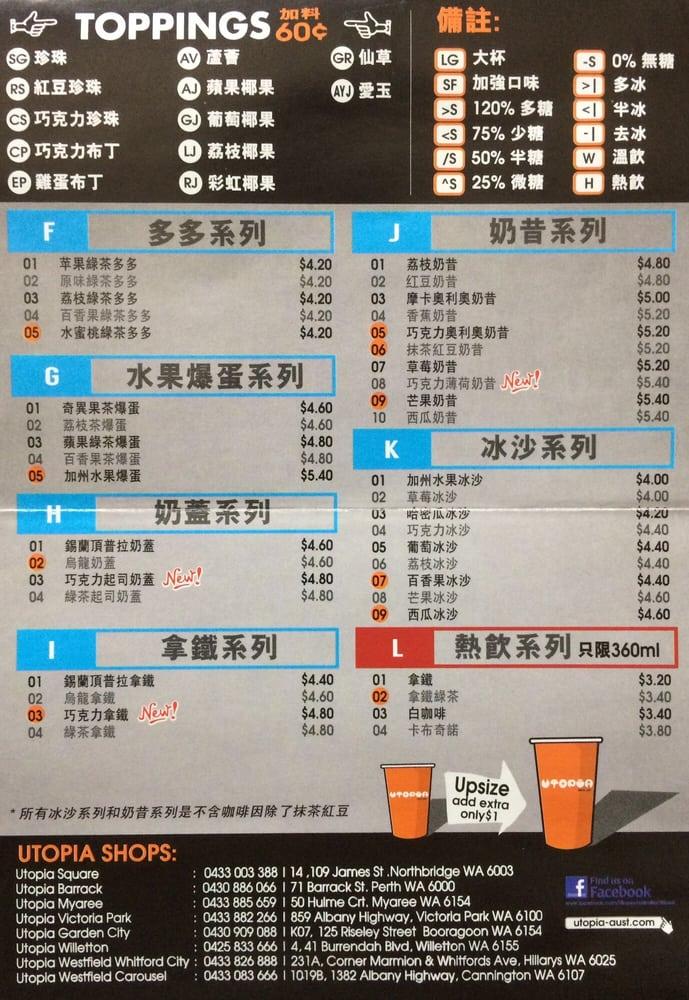 Carta del restaurante Utopia, East Victoria Park, 859 Albany Hwy