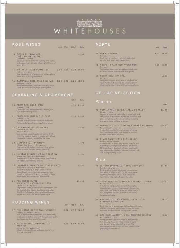 Menu at Whitehouses restaurant, Retford