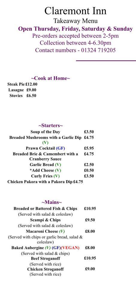 Menu at Claremont Inn pub & bar, Polmont