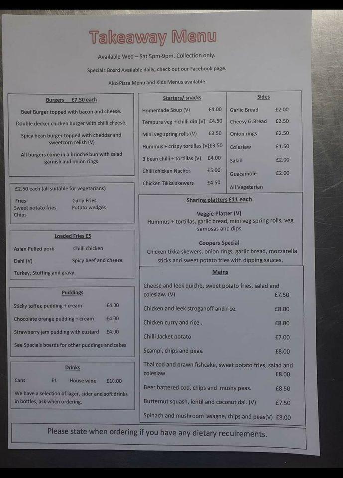Menu at Coopers Arms pub & bar, Newcastle Emlyn