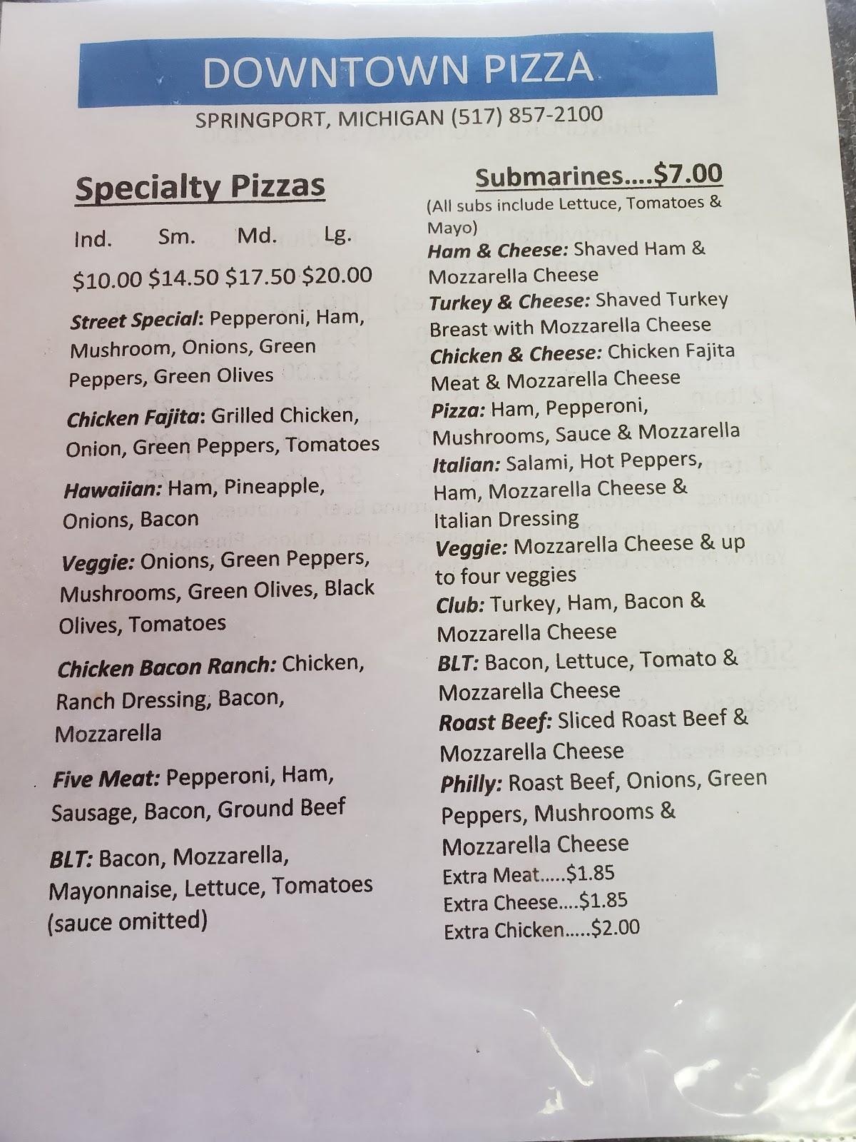 Menu at Downtown Pizza & Subs restaurant, Springport