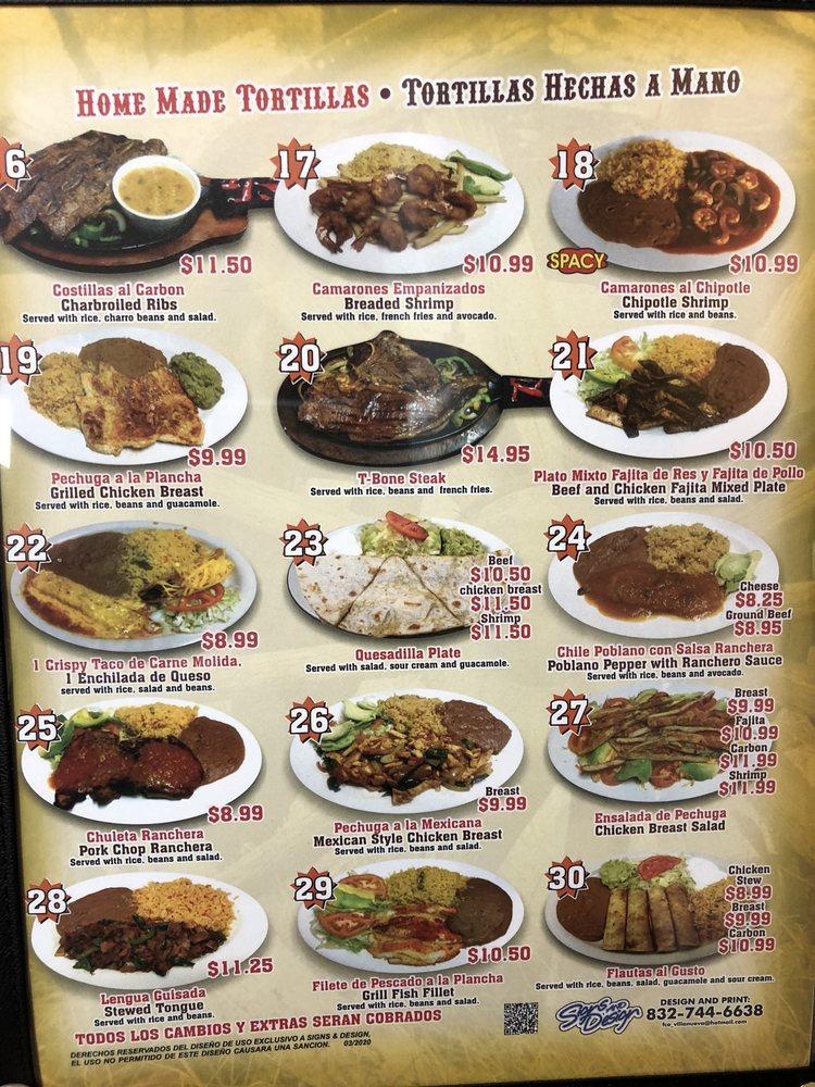 Menu at Rancho's Taqueria restaurant, Dickinson