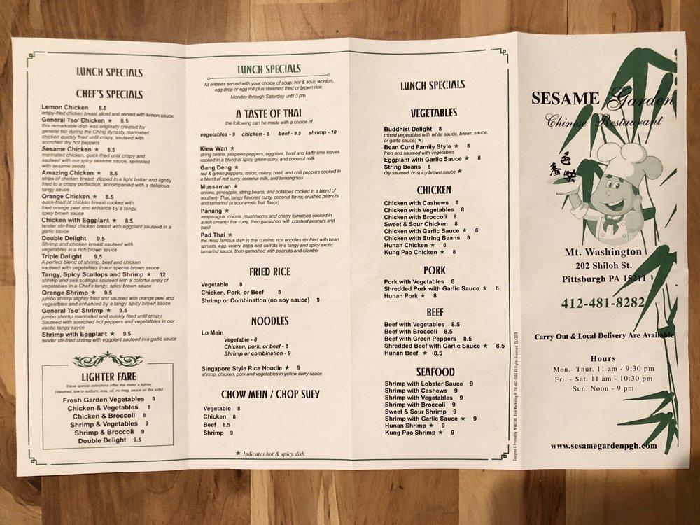 Menu at Sesame Garden restaurant, Pittsburgh