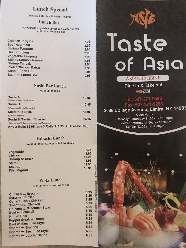 Menu at Taste of Asia restaurant, Elmira Heights