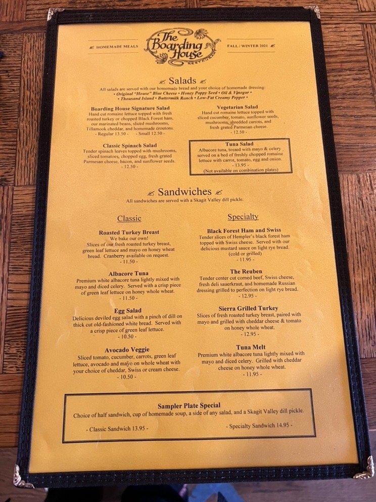 Menu at The Boarding House restaurant, Issaquah