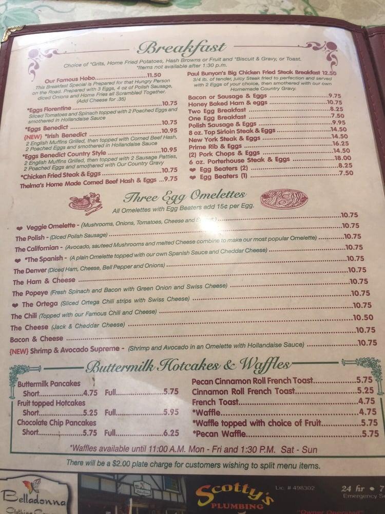 Menu at Thelma's Family Restaurant & Bakery, Big Bear