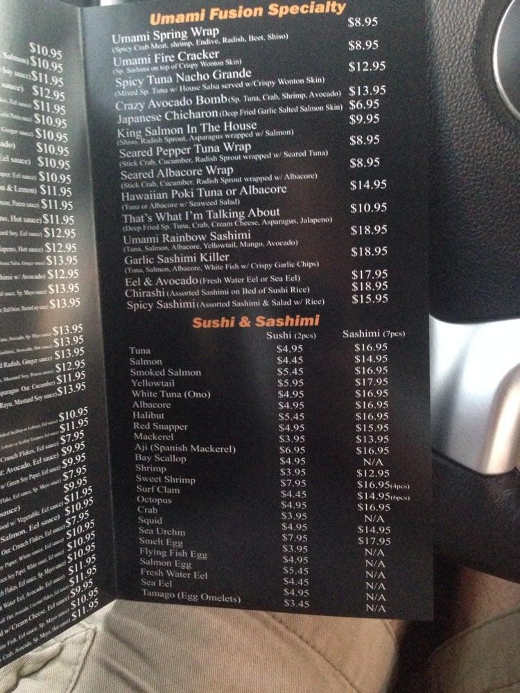 Menu at Umami ya Sushi restaurant, Lompoc