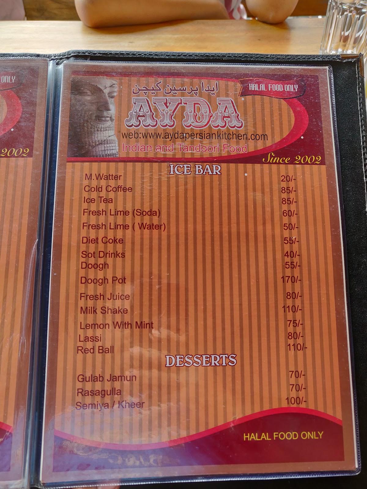 Menu at Ayda Persian, Bengaluru, Brigade Road Shop No. 2