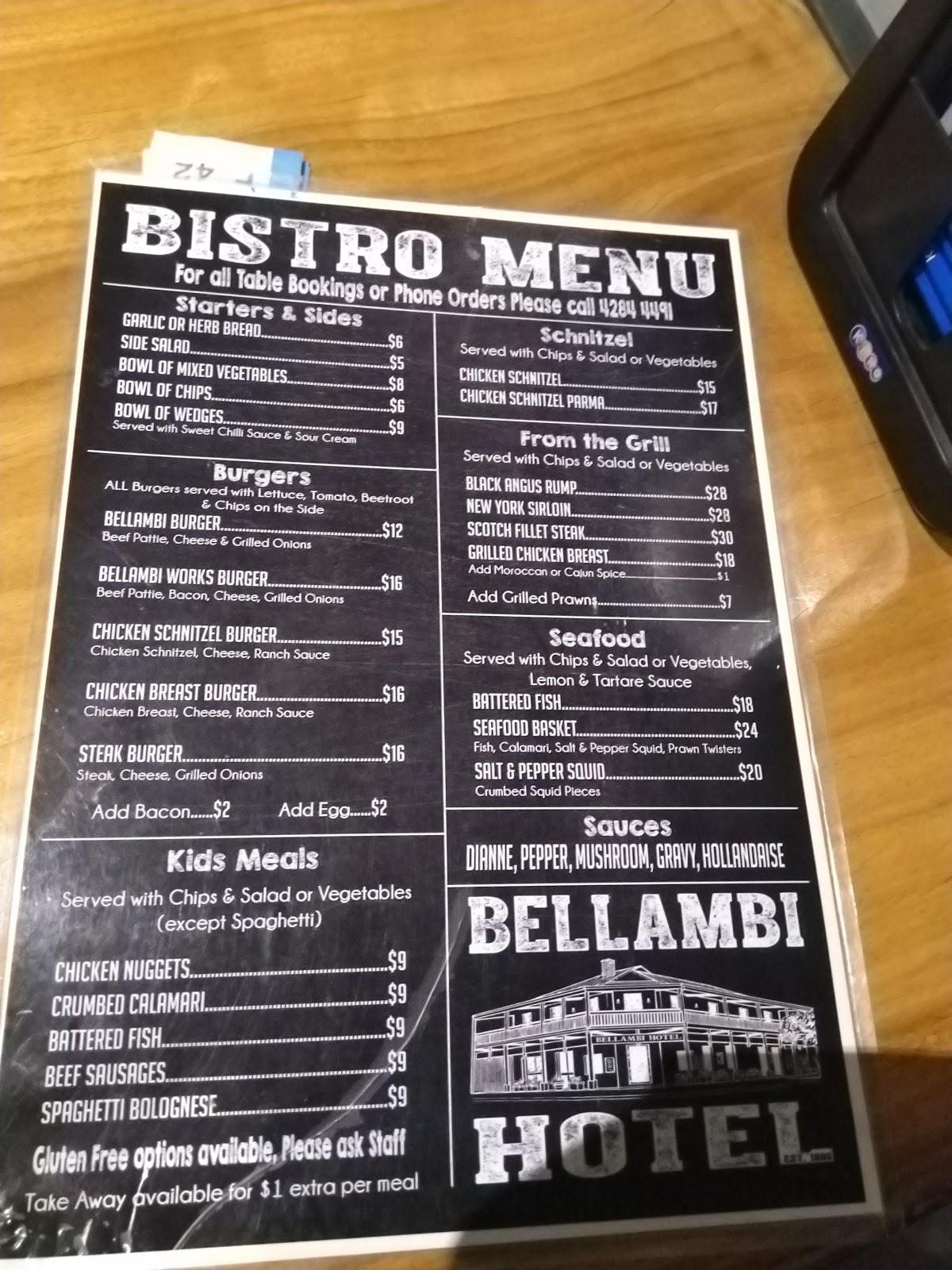Menu at Bellambi Hotel pub & bar, Bellambi