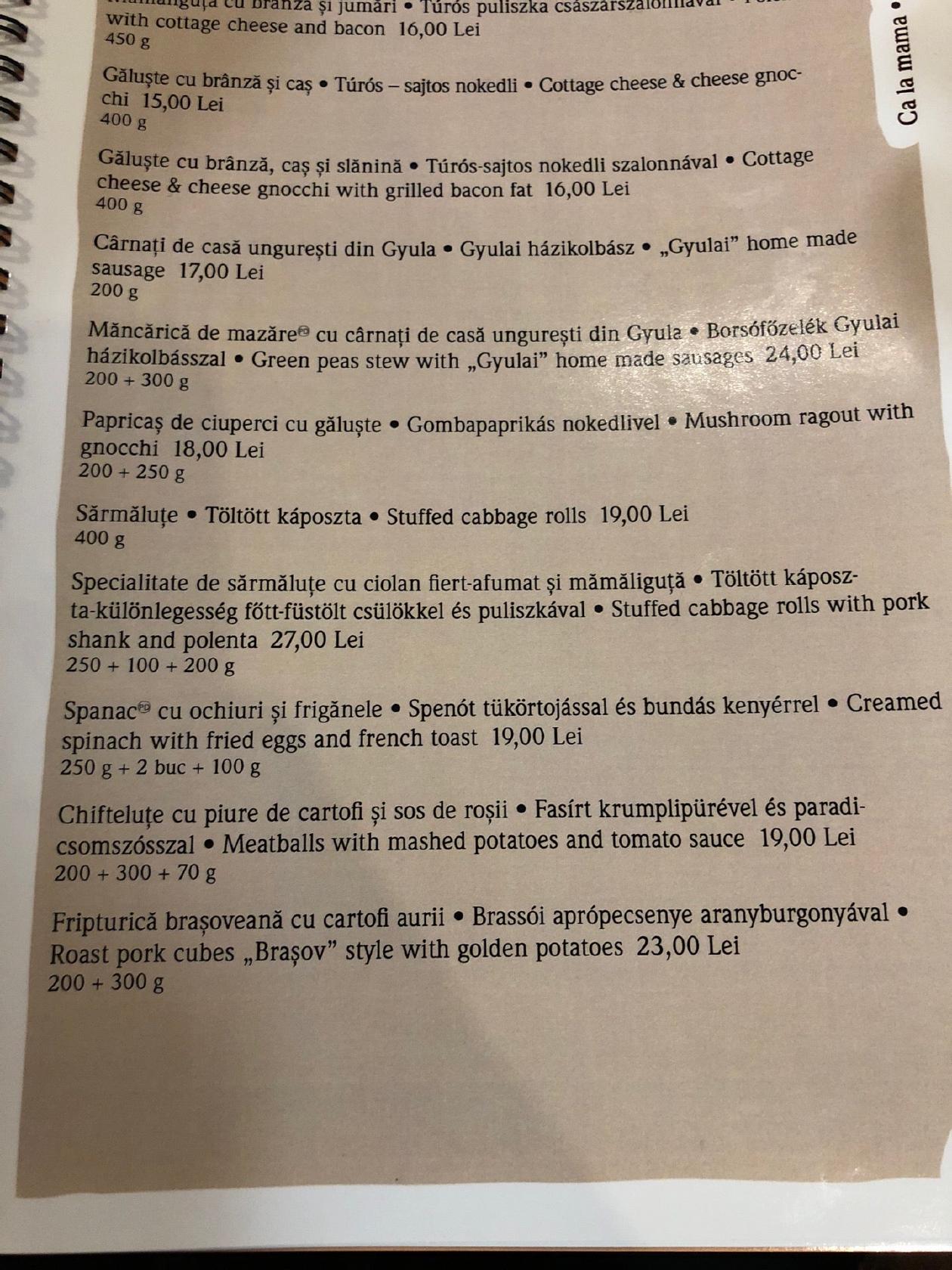Menu at Café Bulgakov, Cluj-Napoca