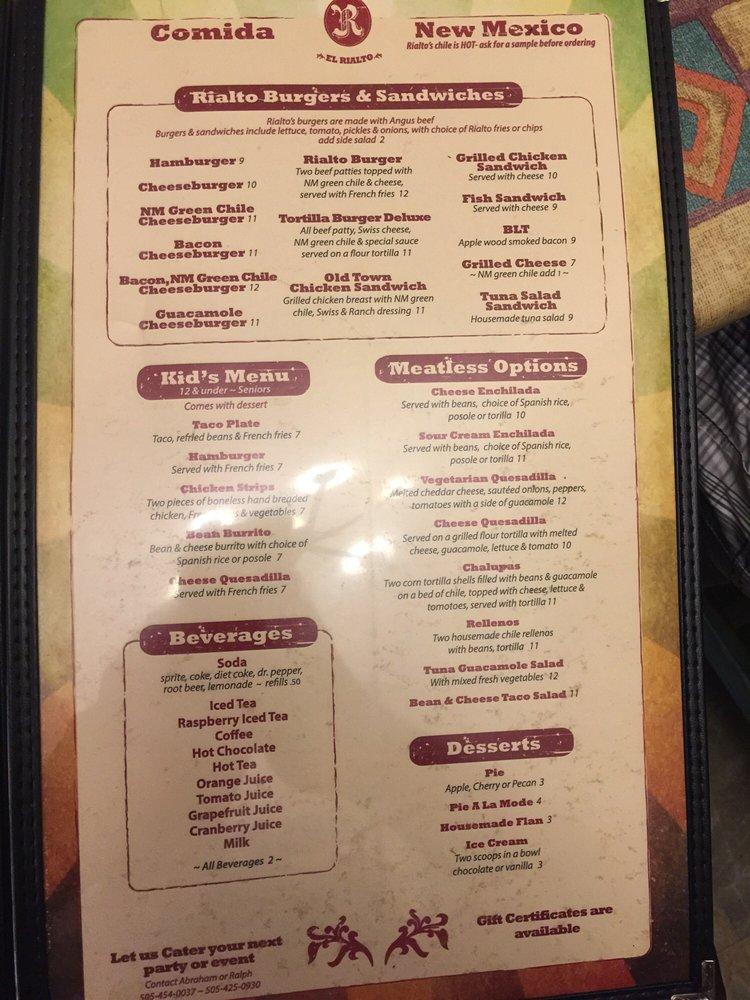 Menu at El Rialto Restaurant, Las Vegas