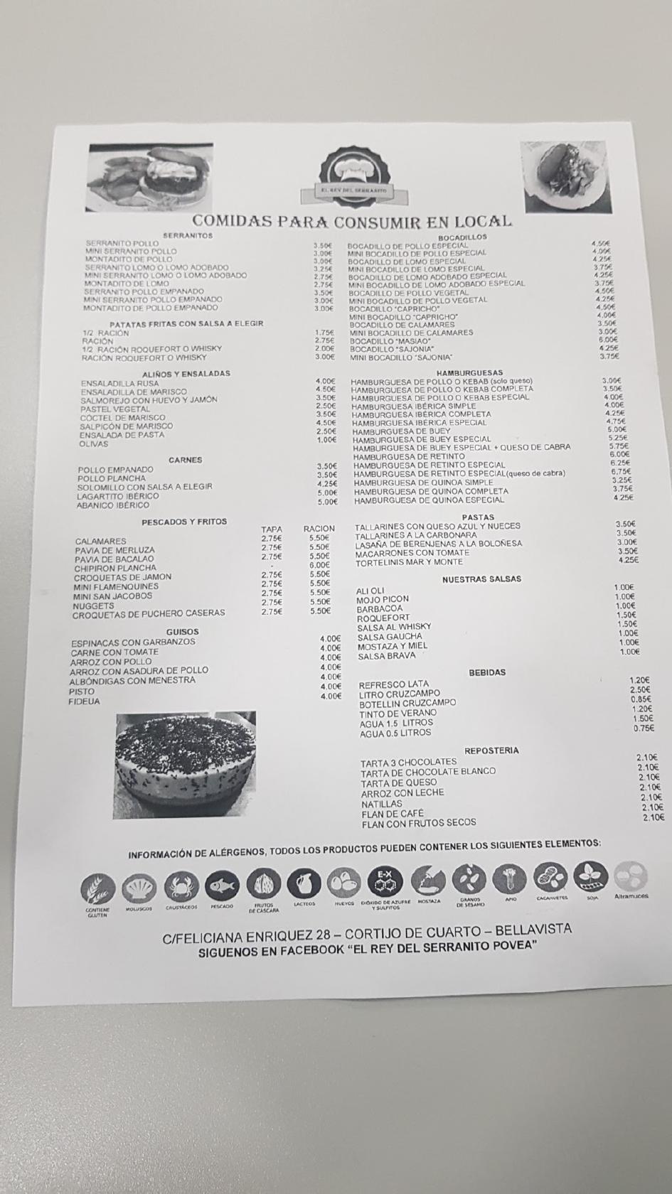 Carta de Restaurante Povea El rey del Serranito, Sevilla