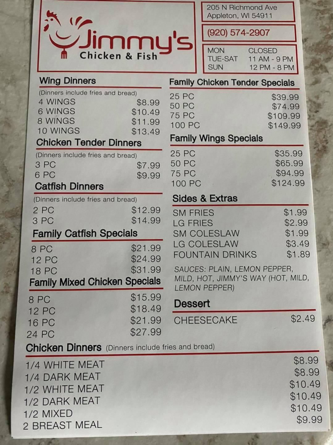 Menu at Jimmy's Chicken & Fish desserts, Appleton