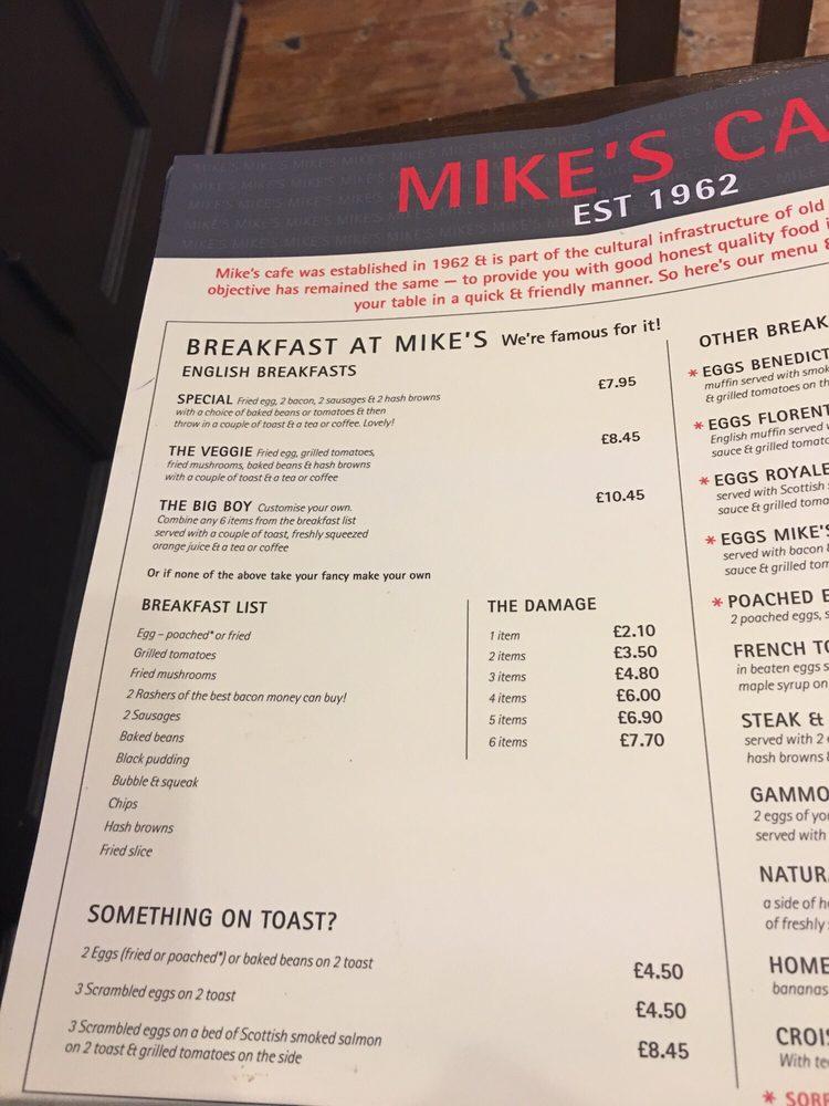 Menu at Mike's Cafe, London