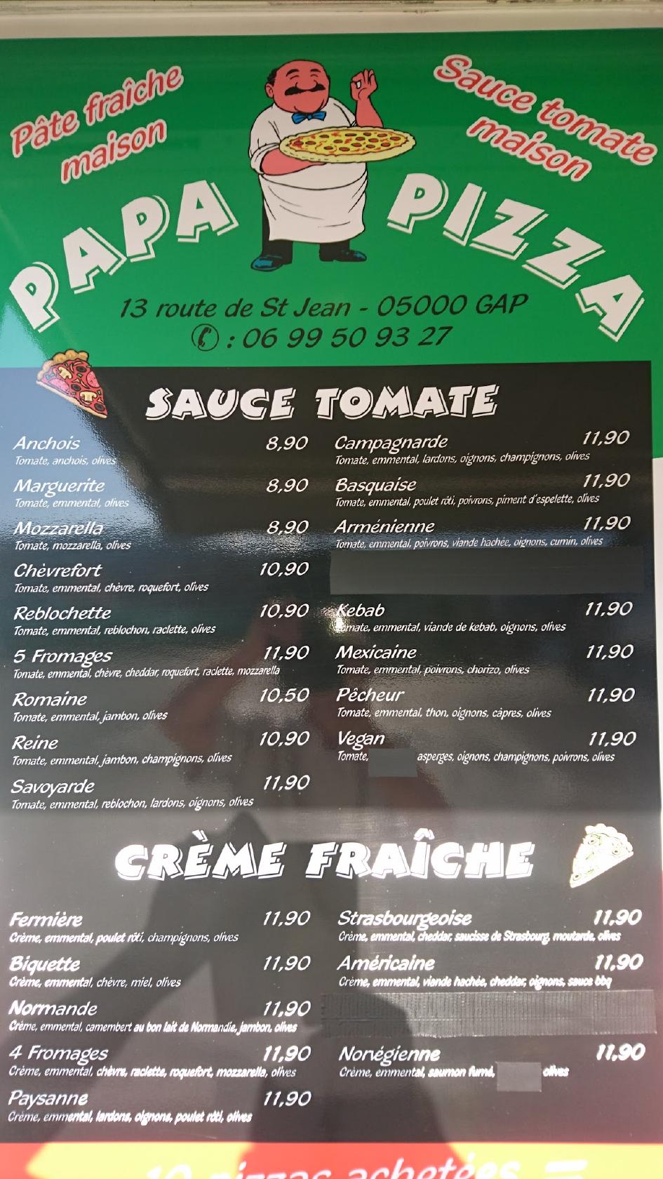 Menu at Papa Pizza restaurant, Gap
