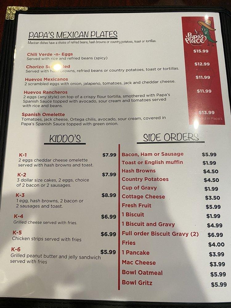 Menu at PAPA'S PLACE restaurant, Morgan Hill