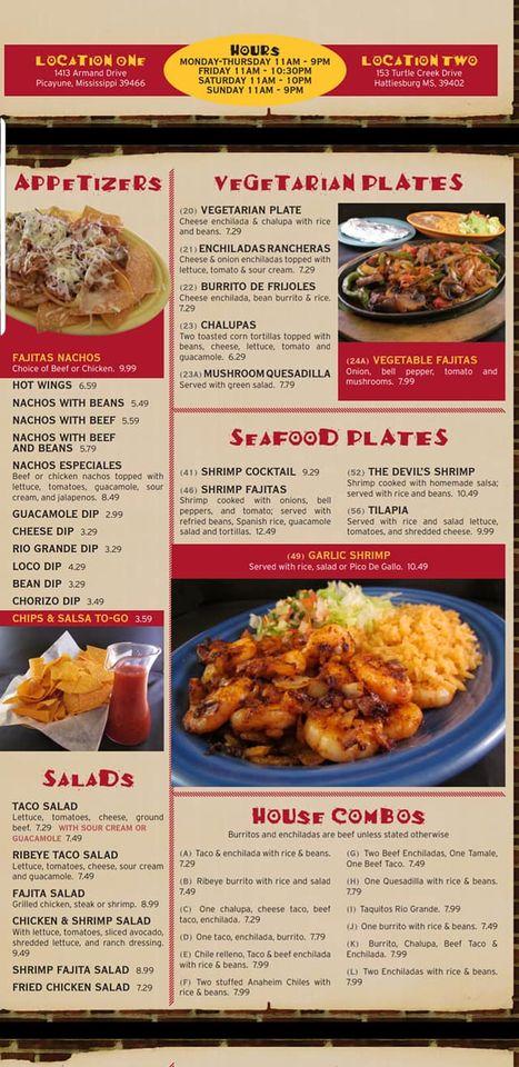 Menu at Rio Grande Grill restaurant, Picayune