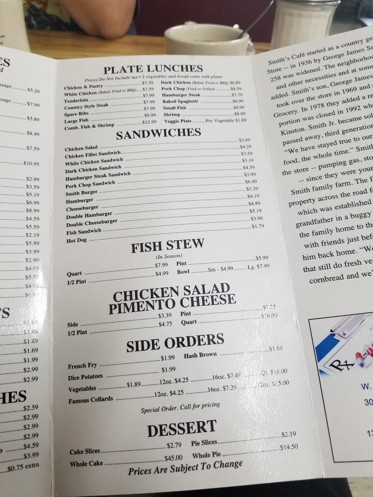 Menu at Smith's Cafe, Kinston, US-258
