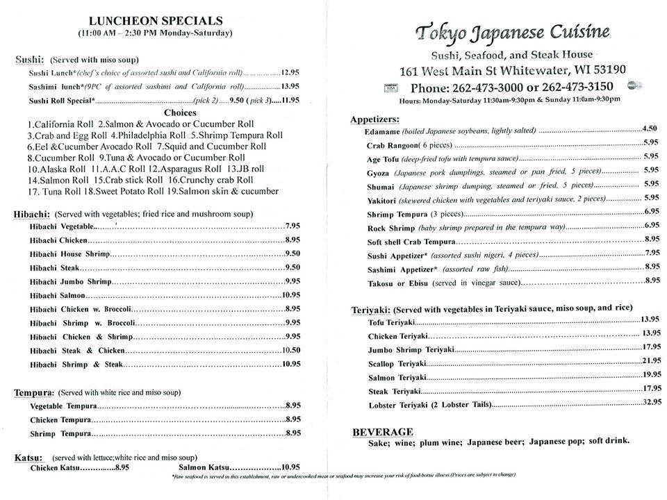 Menu at Tokyo Japanese Cuisine restaurant, Whitewater