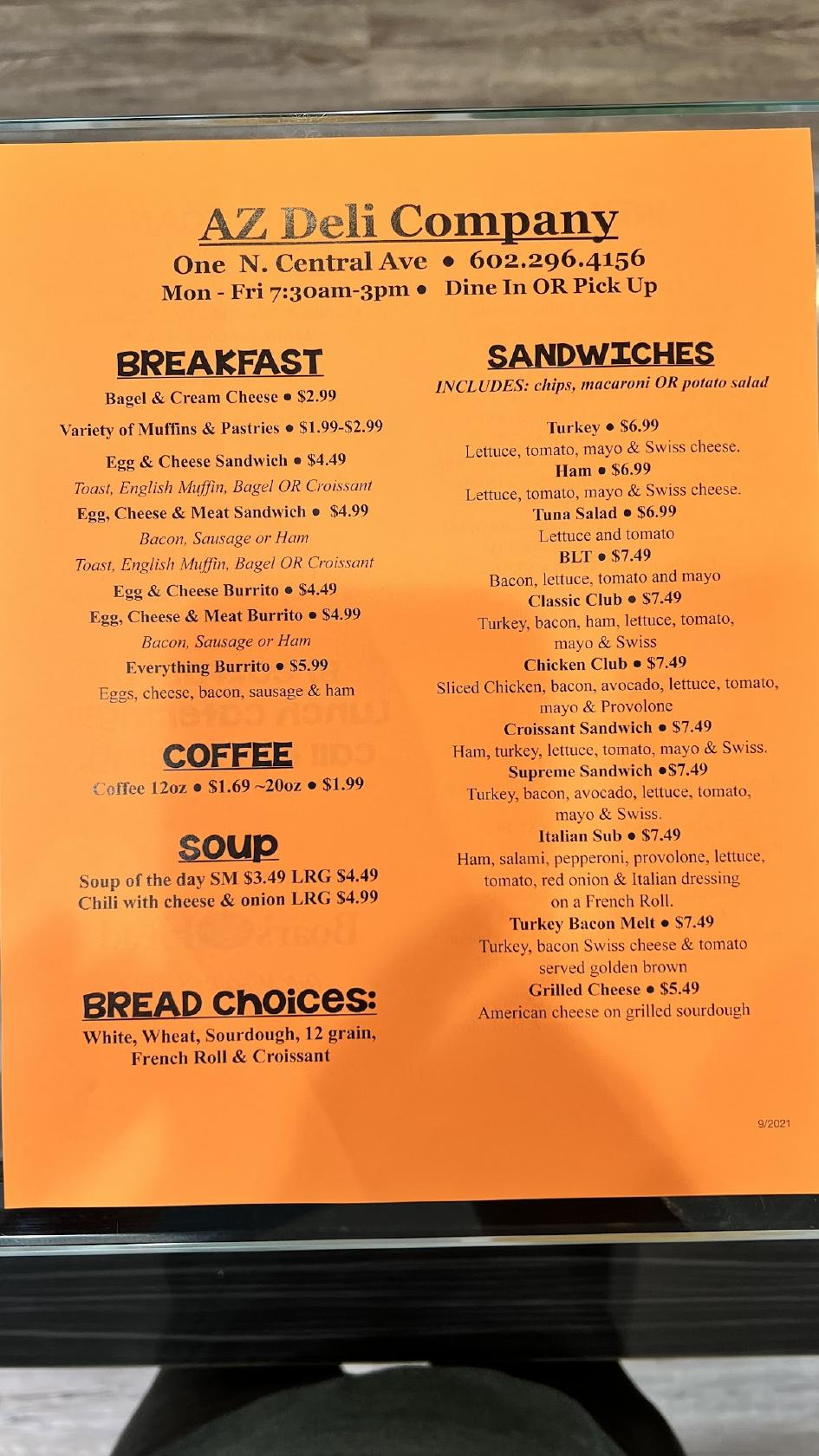 Menu at Arizona Deli Company, Phoenix