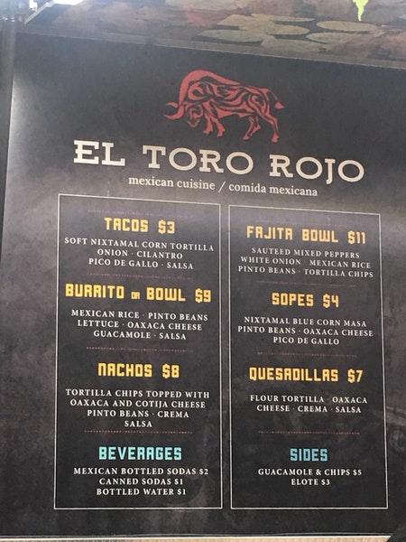Menu at El Toro Rojo restaurant, New York City