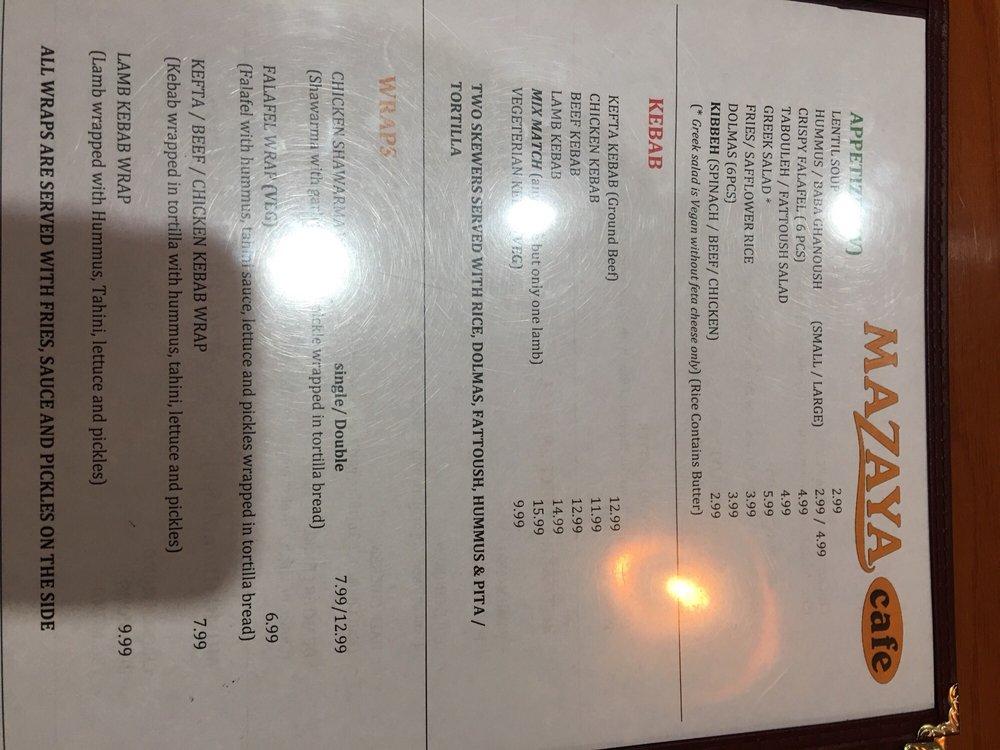 Menu at Mazaya Cafe, Albuquerque