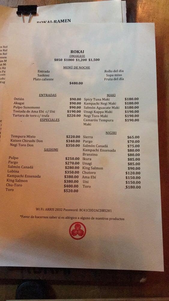 Menu at Rokai Ramen-Ya restaurant, Mexico City