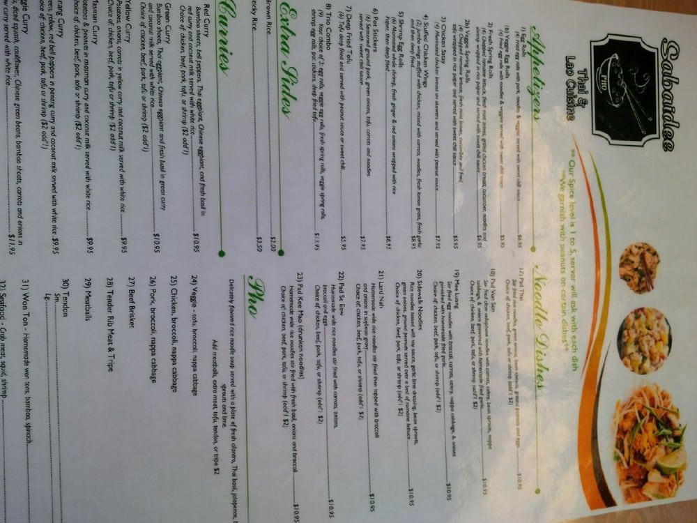 Menu at Sabaidee restaurant, Bremerton