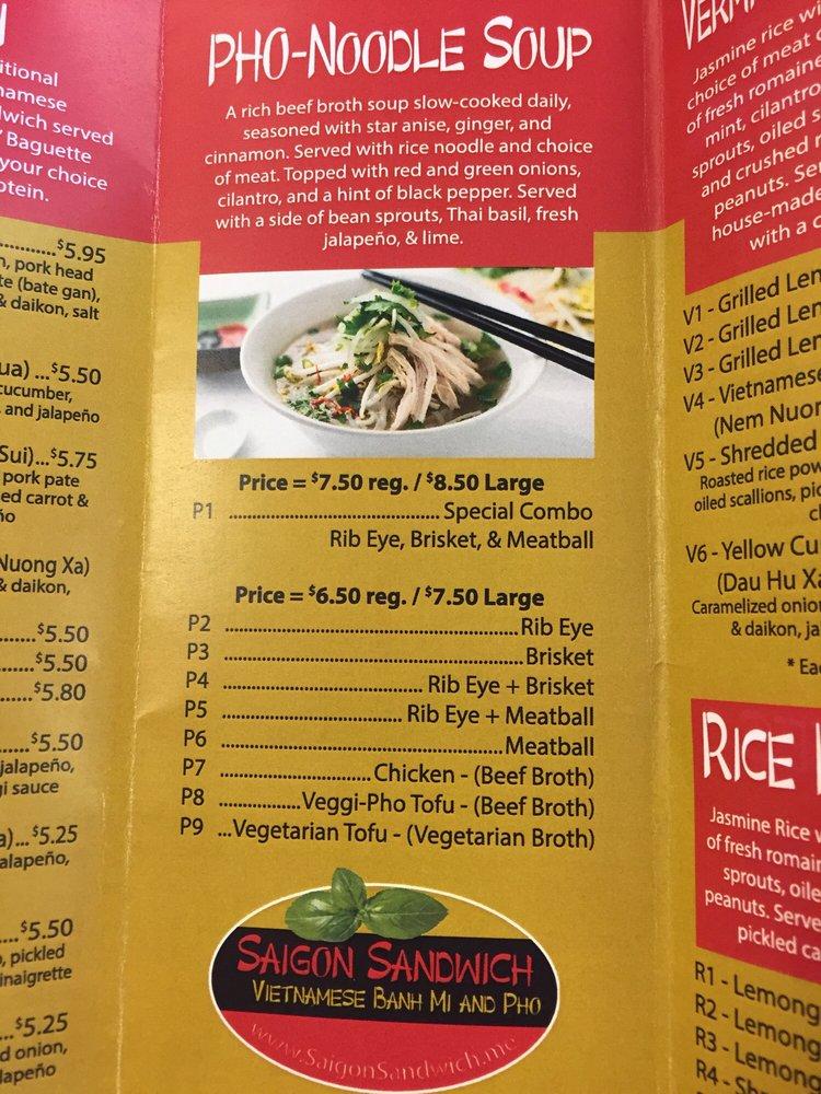 Menu at Saigon Sandwich restaurant, Sandy