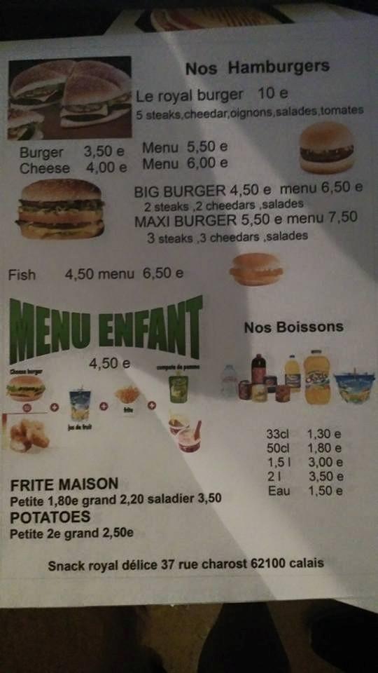Menu at Snack Royal Délice restaurant, Calais