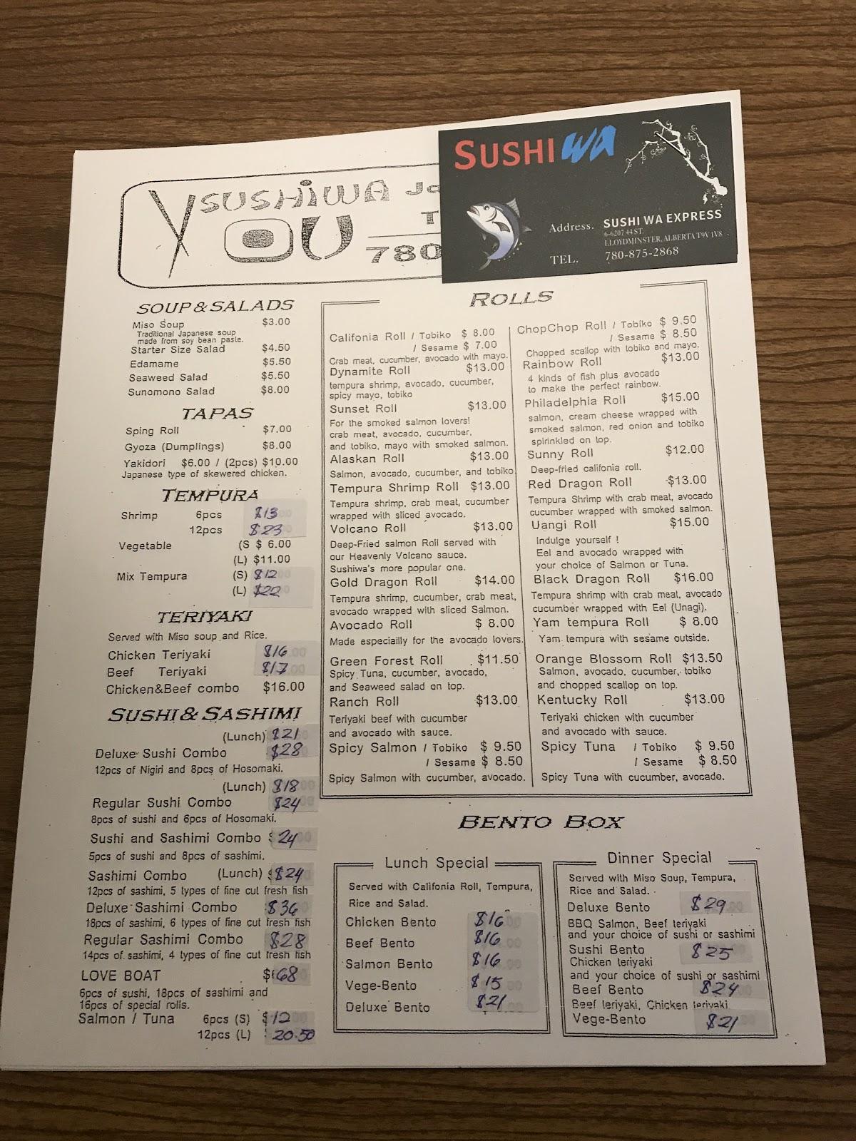 Menu at Sushi Wa restaurant, Lloydminster