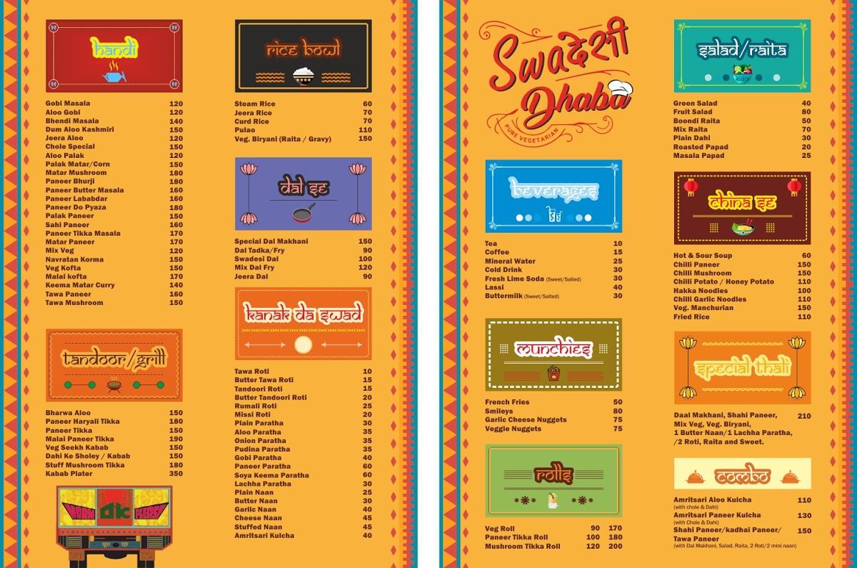 Menu at Swadesi Dhaba, Chandrapur